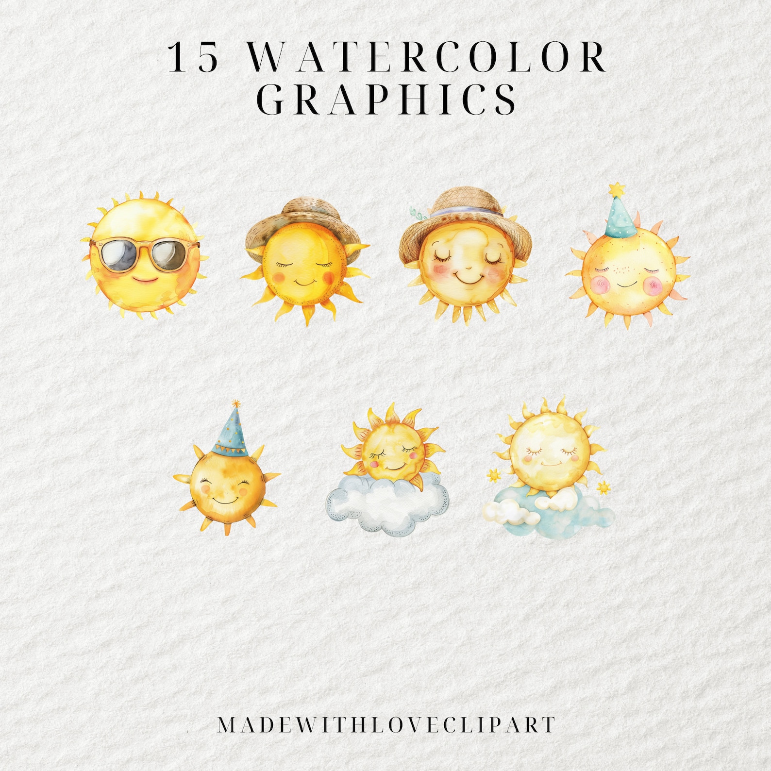 Watercolor Happy Sun Clipart, Summer Sun Clipart, Sun and Cloud Clipart ...