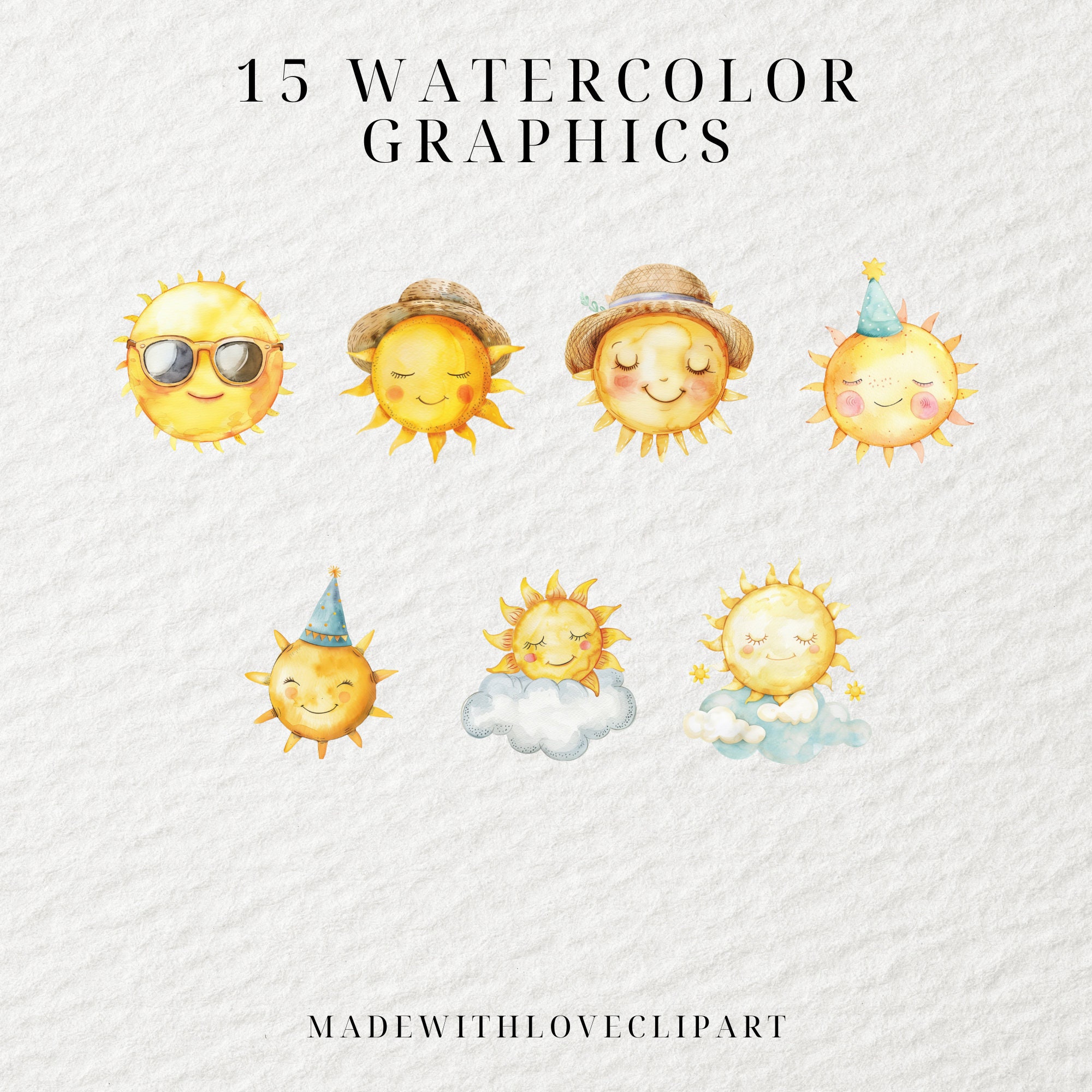 Watercolor Happy Sun Clipart, Summer Sun Clipart, Sun and Cloud Clipart ...