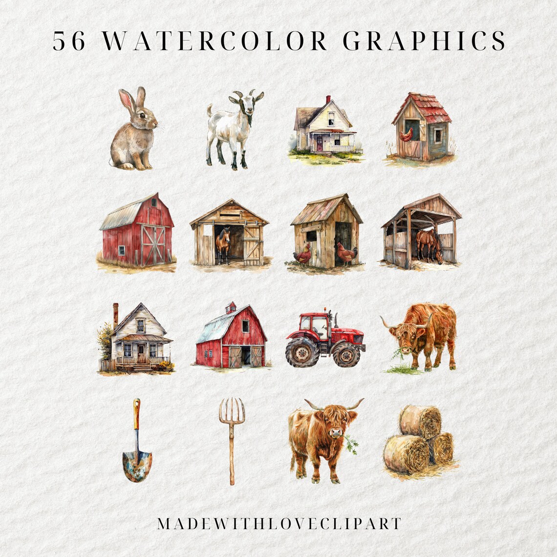 Watercolor Cute Farm Clipart Pack, Farm Animals Clipart, Farm Clipart ...