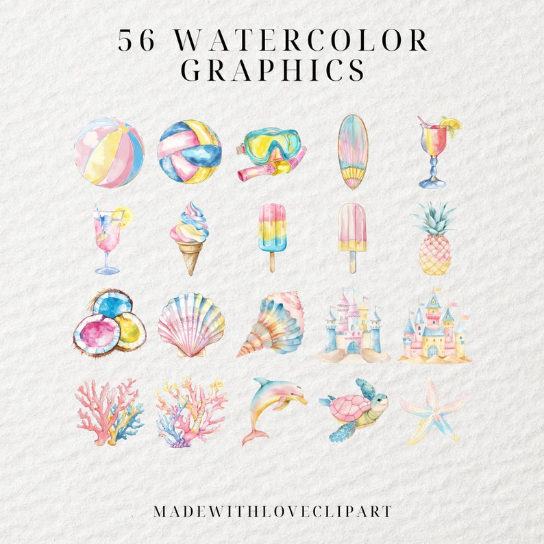 Watercolor Beach Day Clipart, Summer Clipart, Travel Clipart, Beach ...