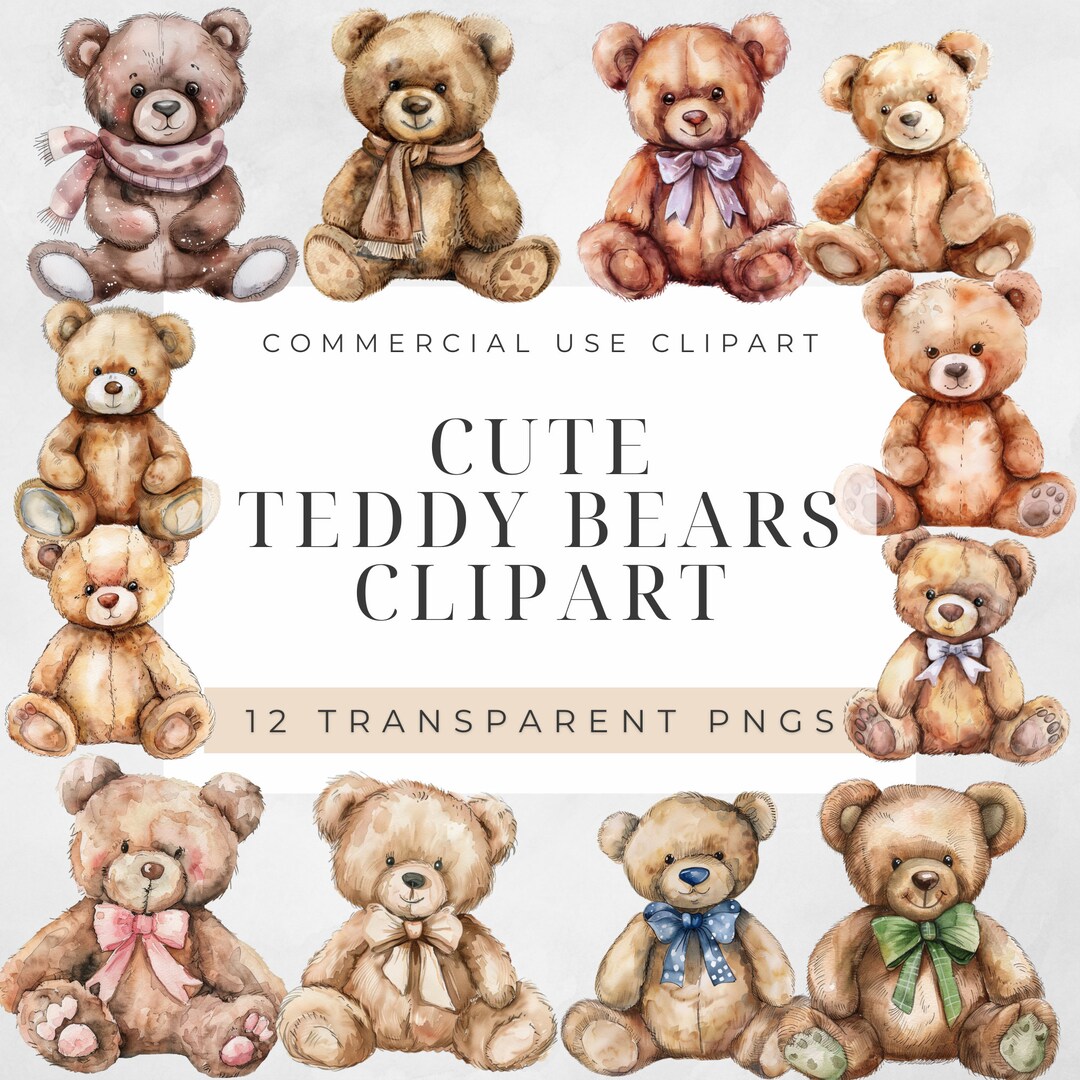 Watercolor Cute Teddy Bear Clipart Bundle, Baby Shower Clipart, Nursery ...