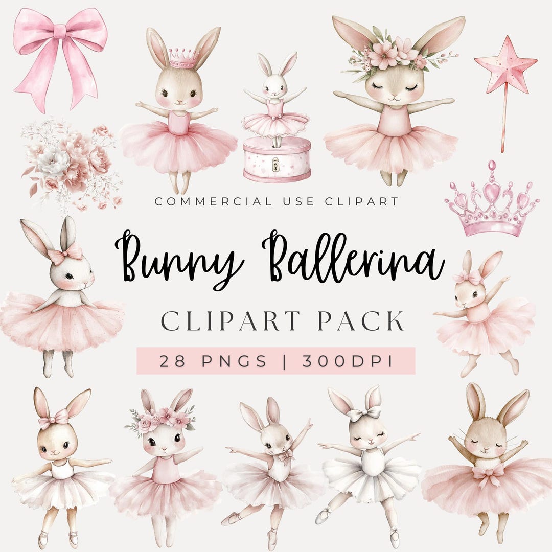 Watercolor Bunny Ballerina Clipart, Little Ballerina Clipart, Pink ...