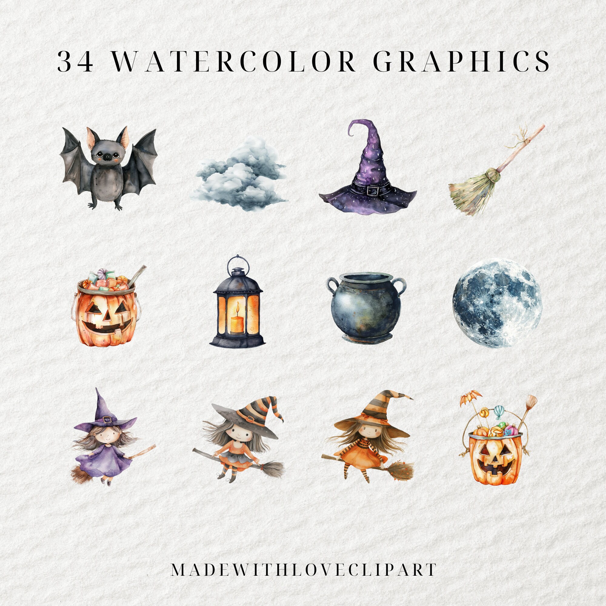Watercolor Halloween Clipart, Spooky Clipart, Cute Halloween Clipart ...