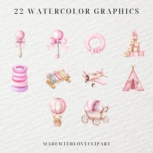 Watercolor Pink Baby Toys Clipart, Nursery Toys, Baby Girl Toys Clipart ...