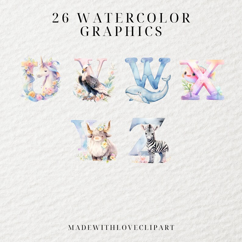 Watercolor Alphabet Animal Clipart Bundle, Alphabet Clipart, Cute ...