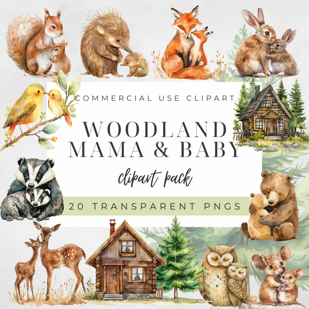 Watercolor Woodland Mama and Baby Clipart Bundle, Mothers Day Clipart ...