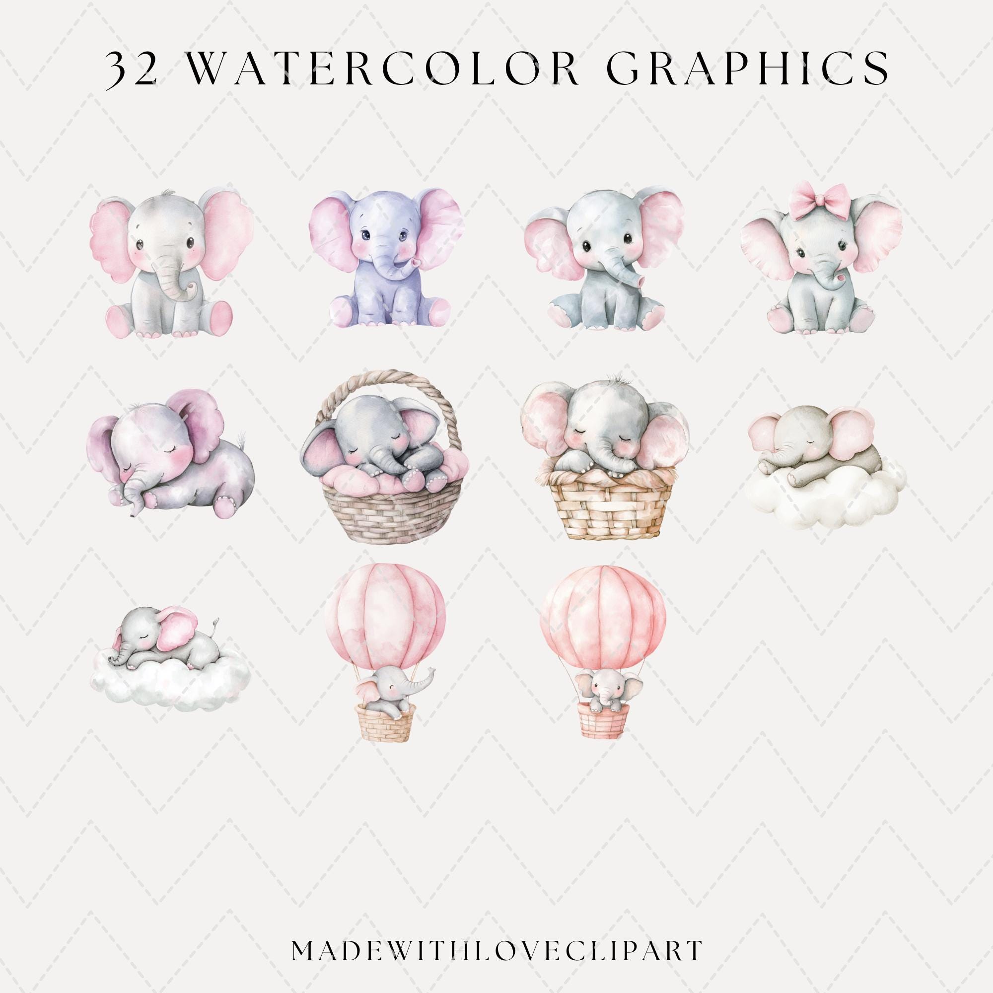 Watercolor Baby Elephant Clipart, Pink Elephant Clipart, Baby Girl ...