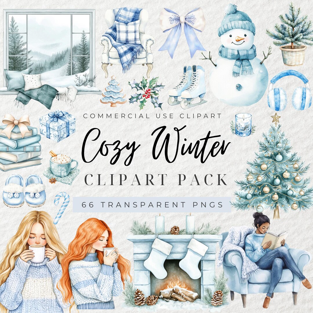 Watercolor Cozy Winter Clipart, Blue Winter Clipart, Blue Christmas ...