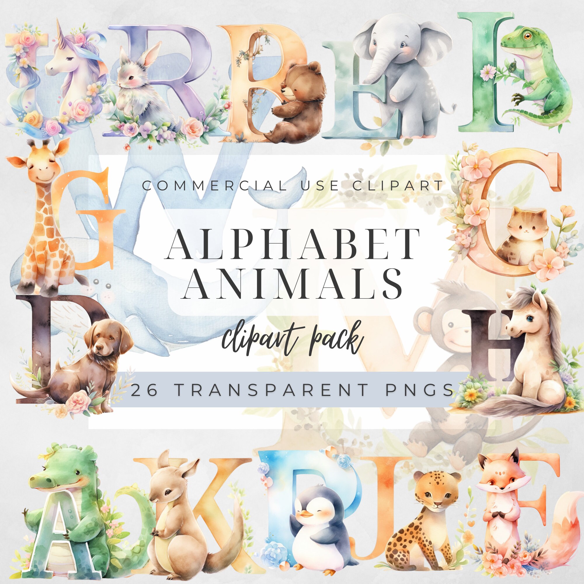 Watercolor Alphabet Animal Clipart Bundle, Alphabet Clipart, Cute ...