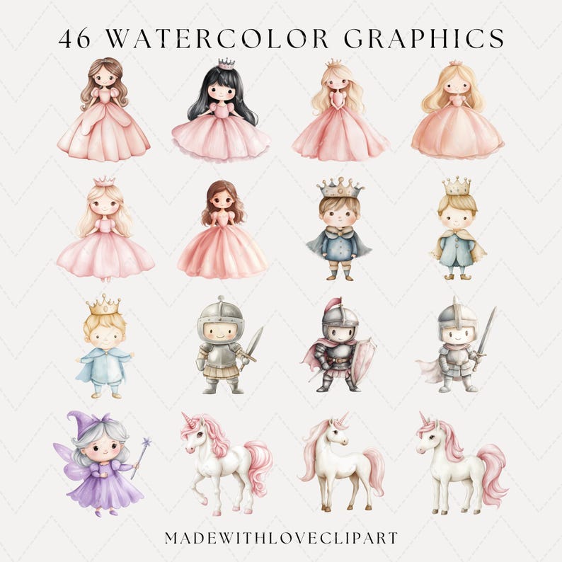 Watercolor Magical Kingdom Clipart: Princess, Dragons, Unicorns PNG ...