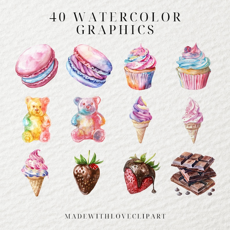Watercolor Candyland Clipart Bundle, Desserts Clipart, Ice Cream ...