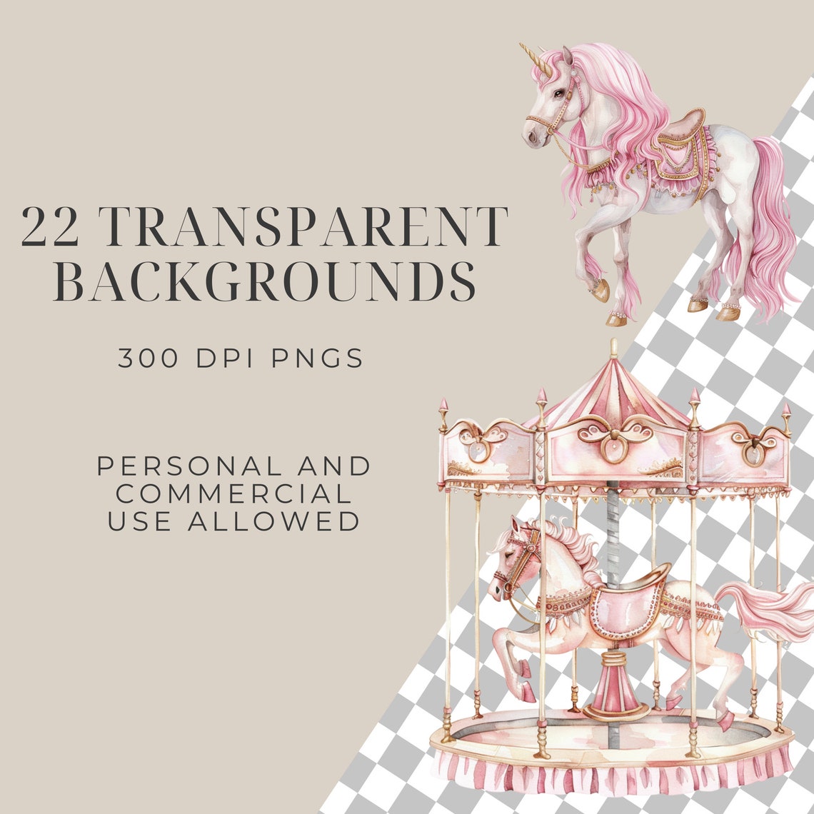 Watercolor Pink Horse Carousel Clipart Bundle, Horse Clipart, Pink ...