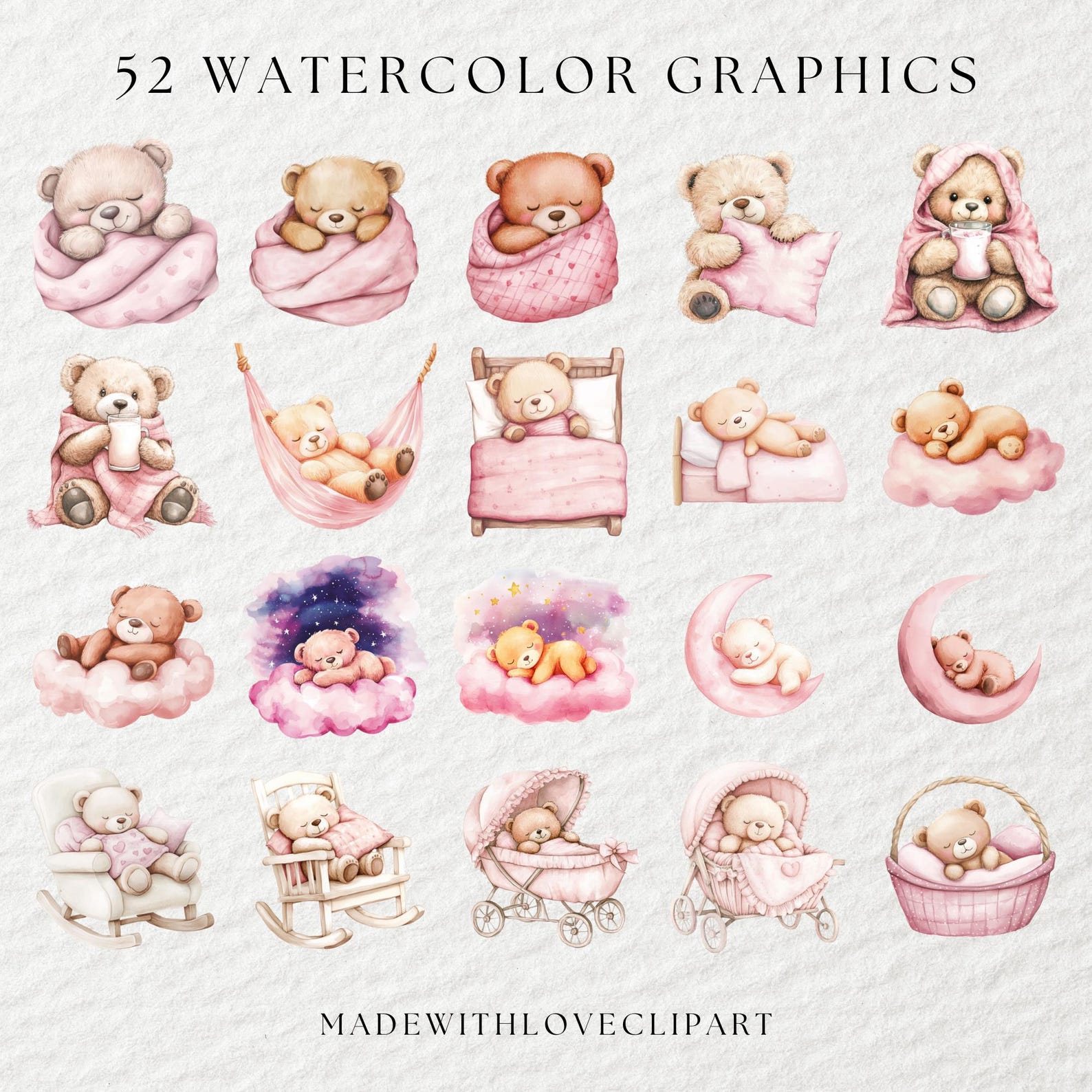 Watercolor Sleeping Teddy Bears Clipart, Sleepy Bears Clipart, Girl ...