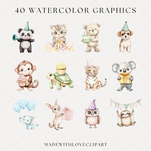 Watercolor Party Animals Clipart, Cute Birthday Party Clipart, Safari ...