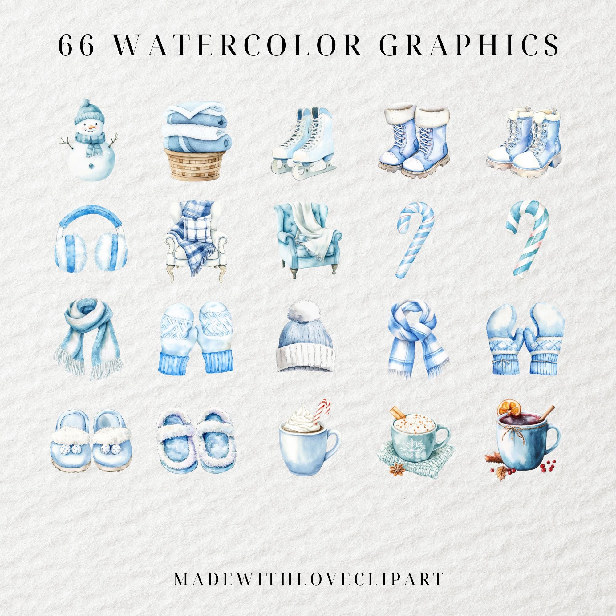 Watercolor Cozy Winter Clipart, Blue Winter Clipart, Blue Christmas ...