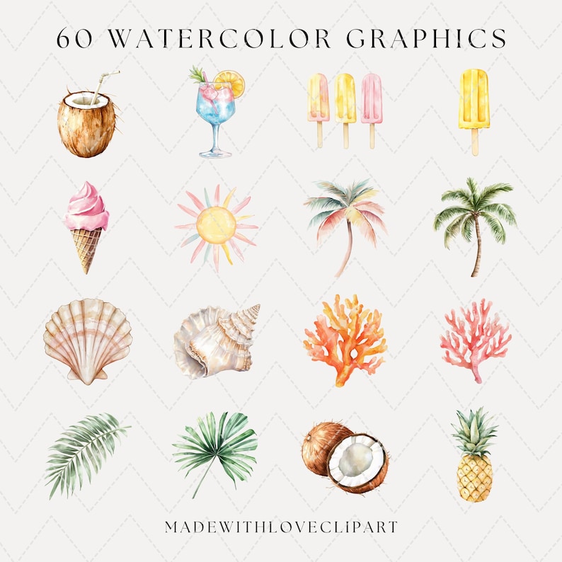 Watercolor Beach Day Clipart, Summer Clipart, Tropical Clipart, Beach ...