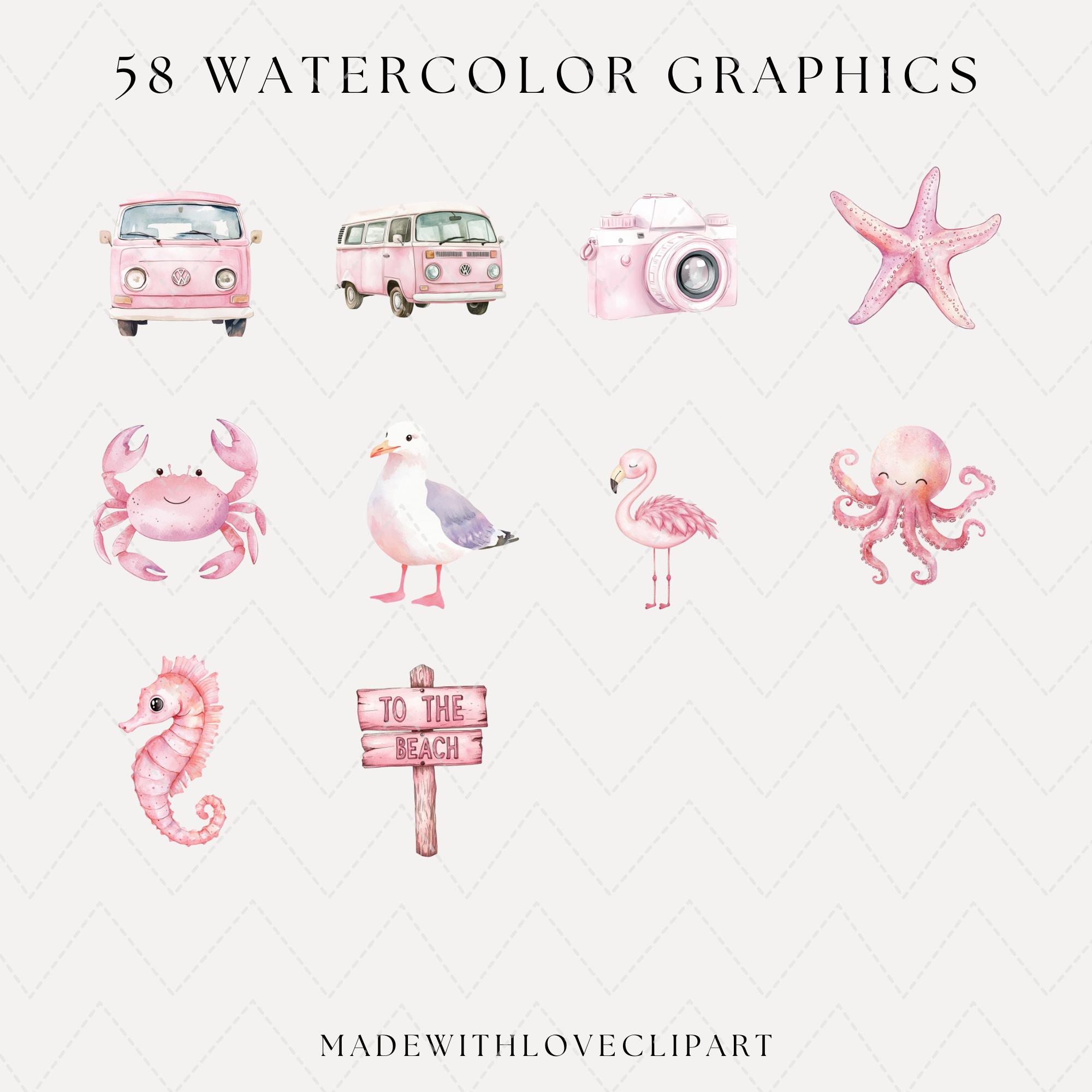 Watercolor Pink Beach Day Clipart, Pink Summer Clipart, Tropical ...
