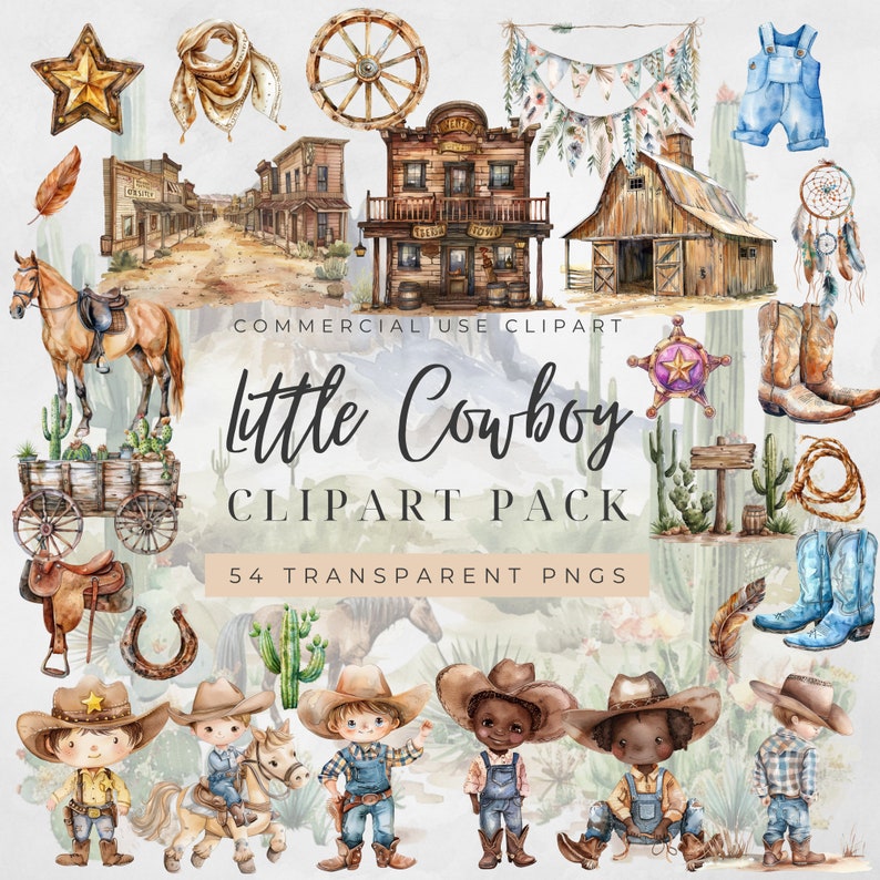 Watercolor Little Cowboy Clipart Bundle, Cute Cowboy Clipart, Wild West ...