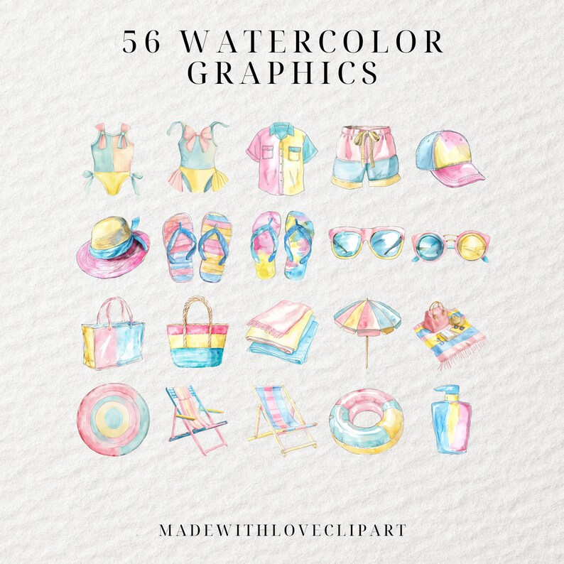 Watercolor Beach Day Clipart, Summer Clipart, Travel Clipart, Beach ...