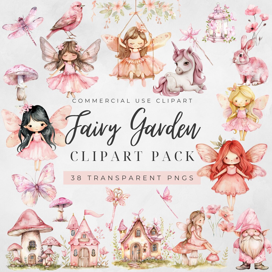 Watercolor Pink Fairy Garden Clipart Bundle, Fairy Clipart, Magical ...