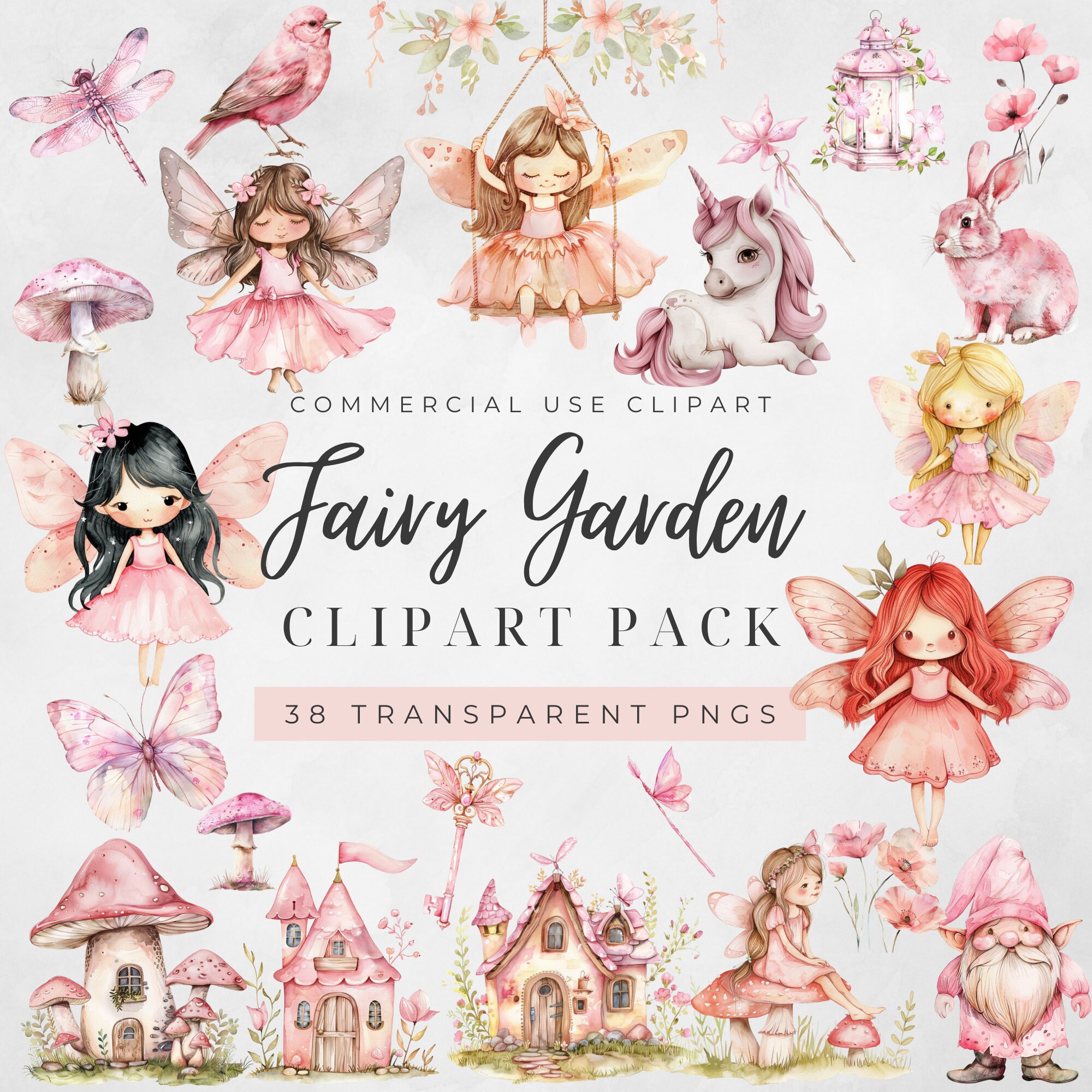 Watercolor Pink Fairy Garden Clipart Bundle, Fairy Clipart, Magical ...