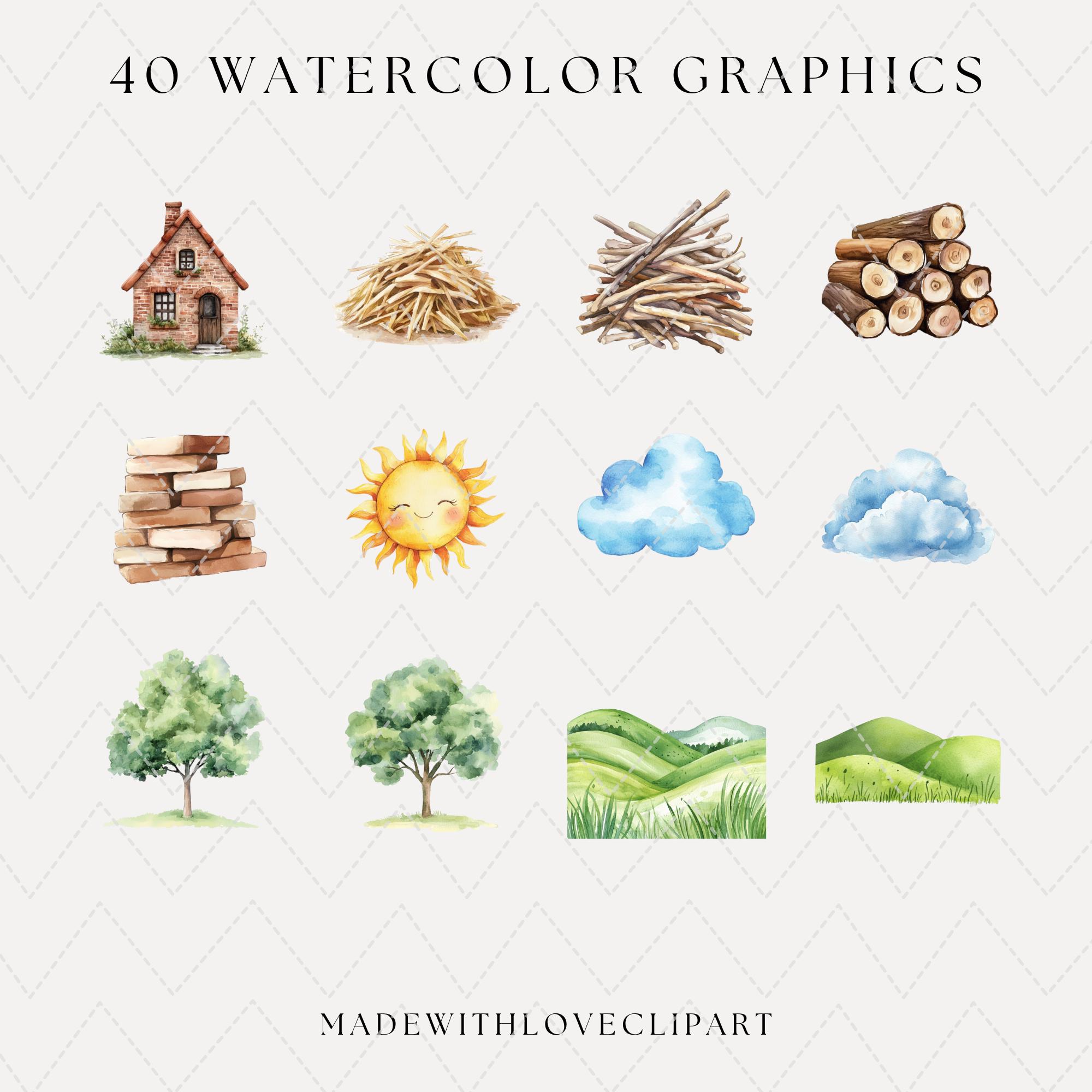 Watercolor 3 Little Pigs Clipart, Nursery Rhymes Clipart, Nursery Decor ...