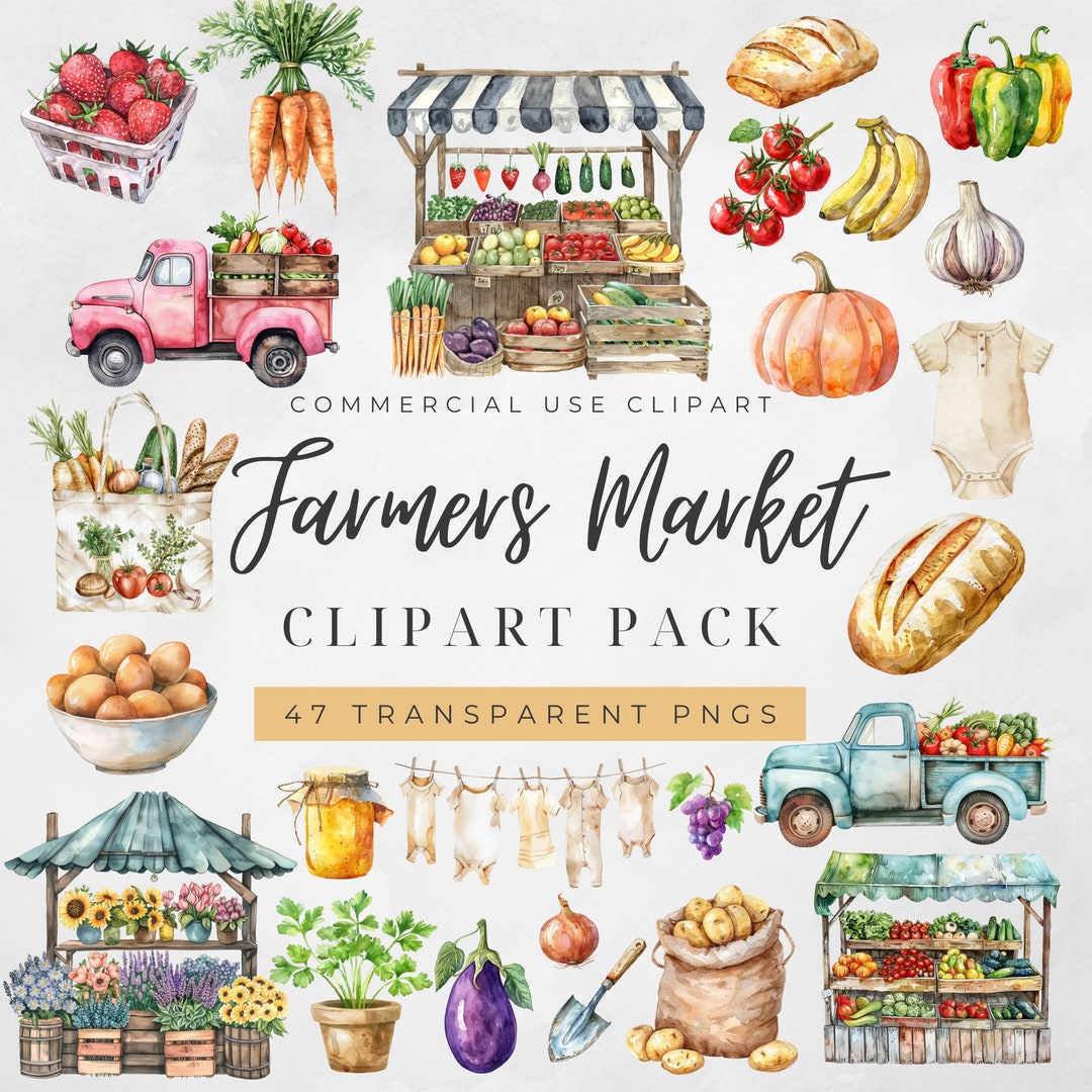 Watercolor Farmers Market Clipart, Locally Grown Clipart, Fruit Clipart ...