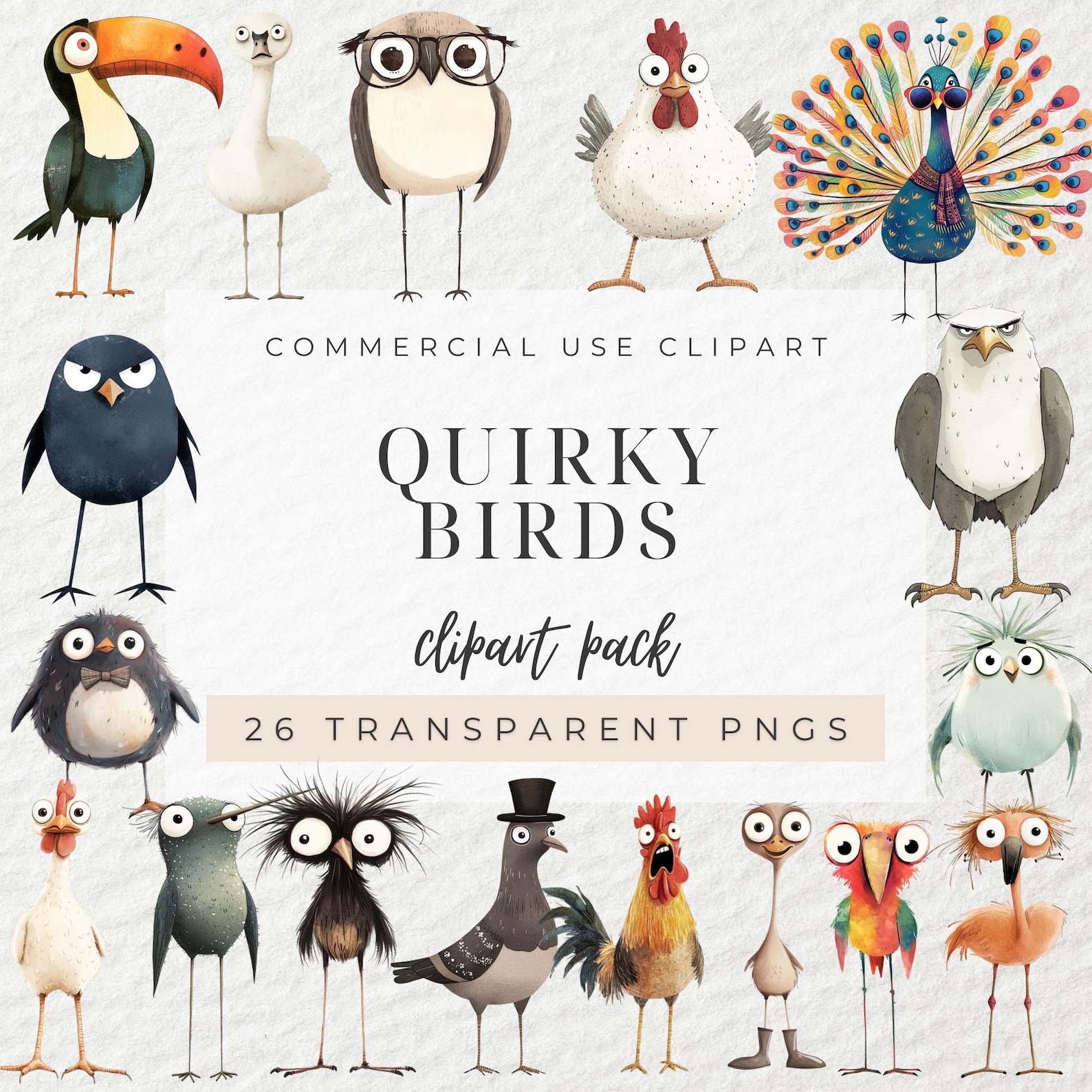 Watercolor Quirky Birds Clipart, Funny Bird Clipart, Whimsy Birds ...