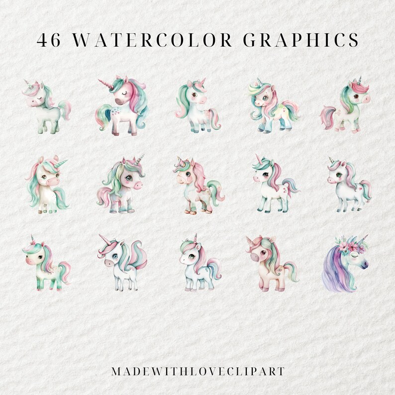 Watercolor Magical Unicorn Clipart, Unicorn Party Clipart, Rainbow ...