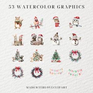 Watercolor Woodland Christmas Clipart, Christmas Animals Clipart, Cute ...