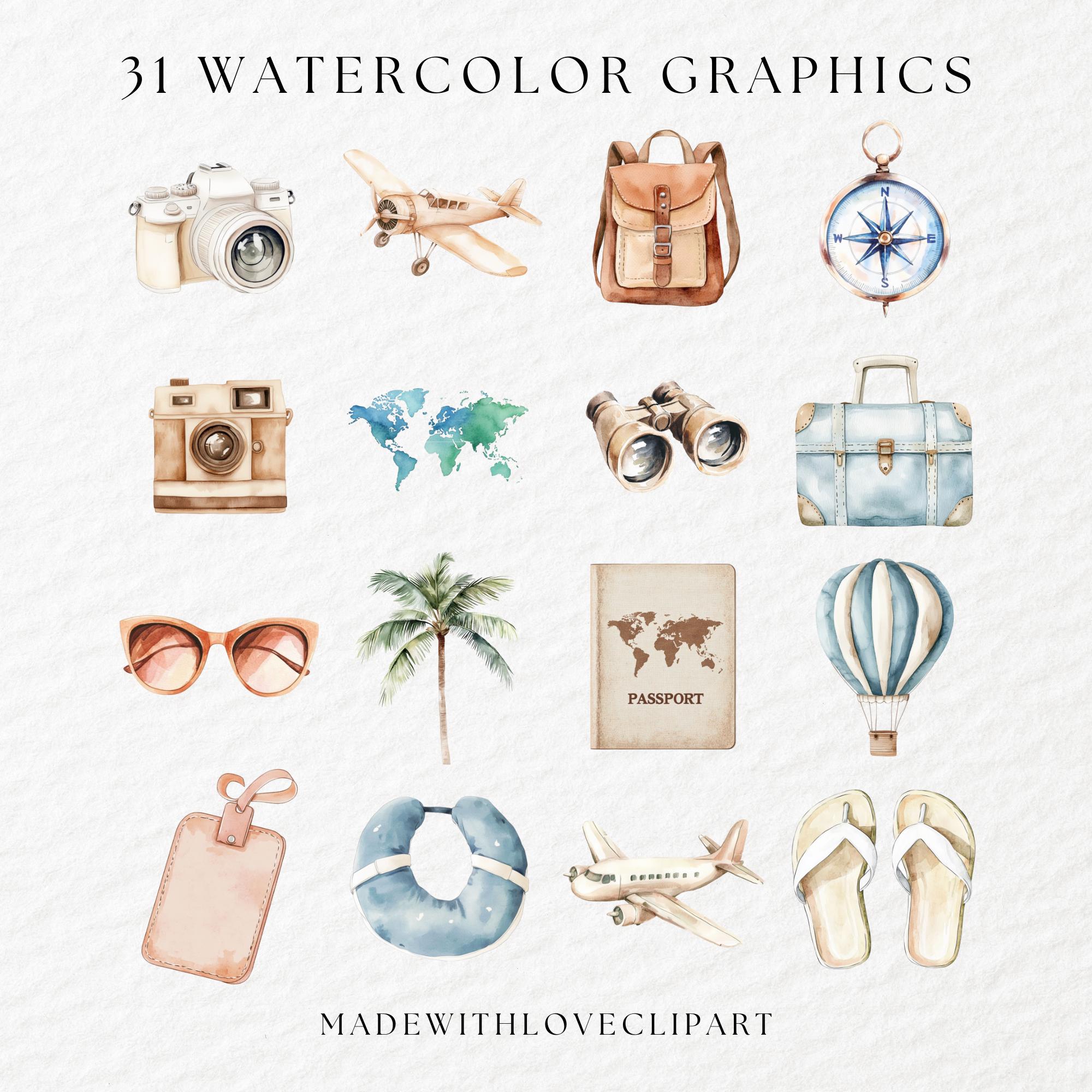 Watercolor Vintage Travel Clipart, Holiday Clipart, Summer Clipart ...