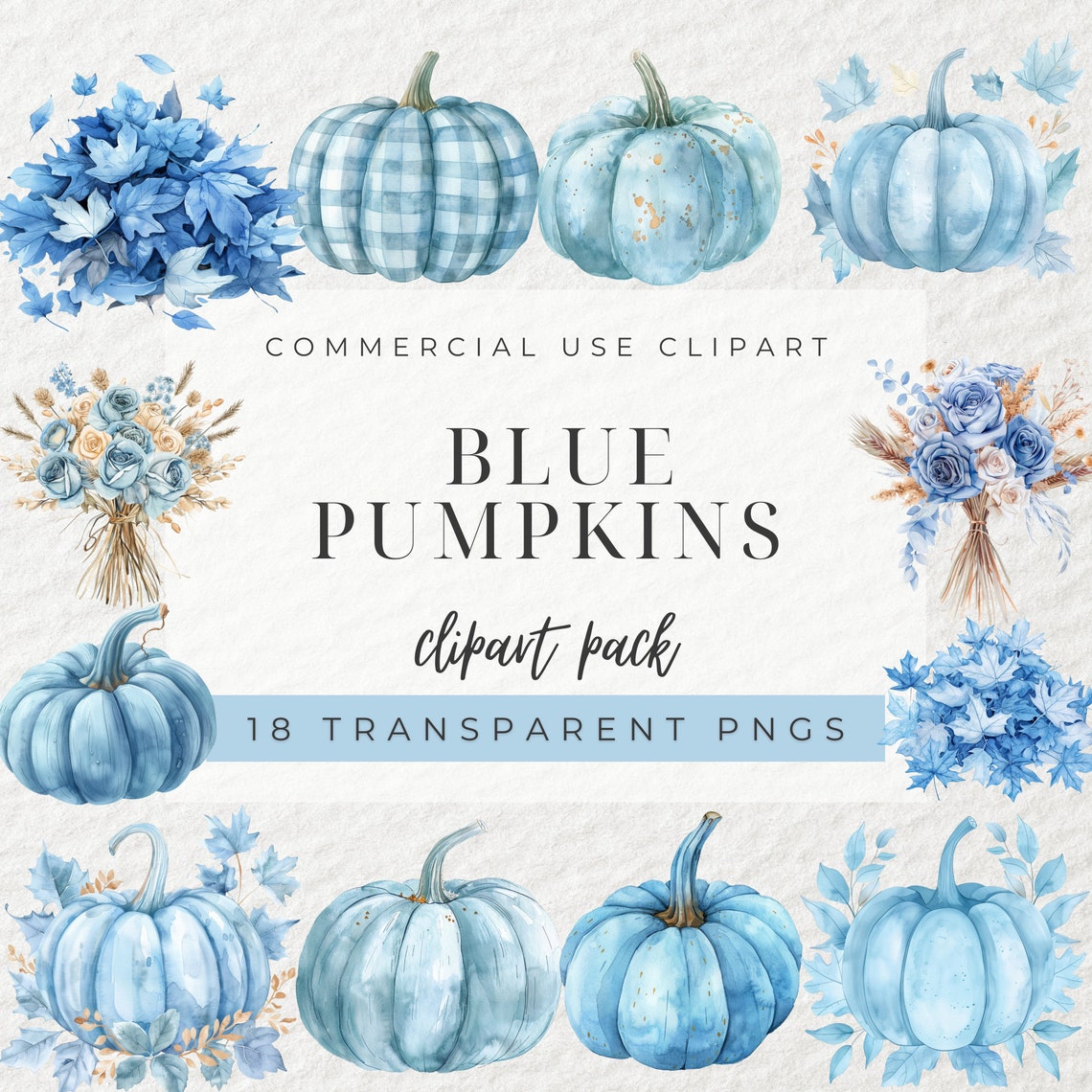 Watercolor Blue Pumpkin Clipart, Pastel Blue Pumpkins, Autumn Clipart ...