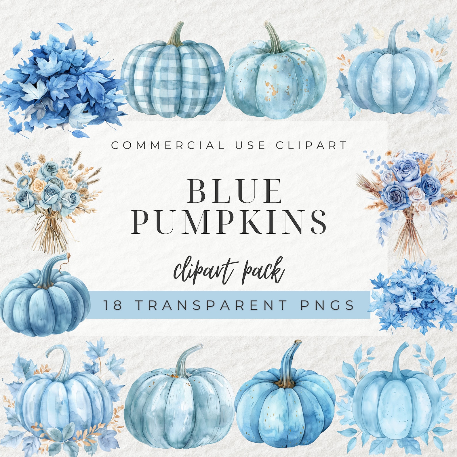 Watercolor Blue Pumpkin Clipart, Pastel Blue Pumpkins, Autumn Clipart ...