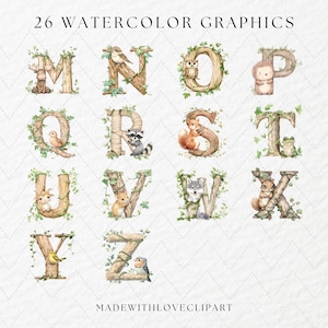 Watercolor Woodland Alphabet Clipart, Alphabet Clipart, Cute Animal ...