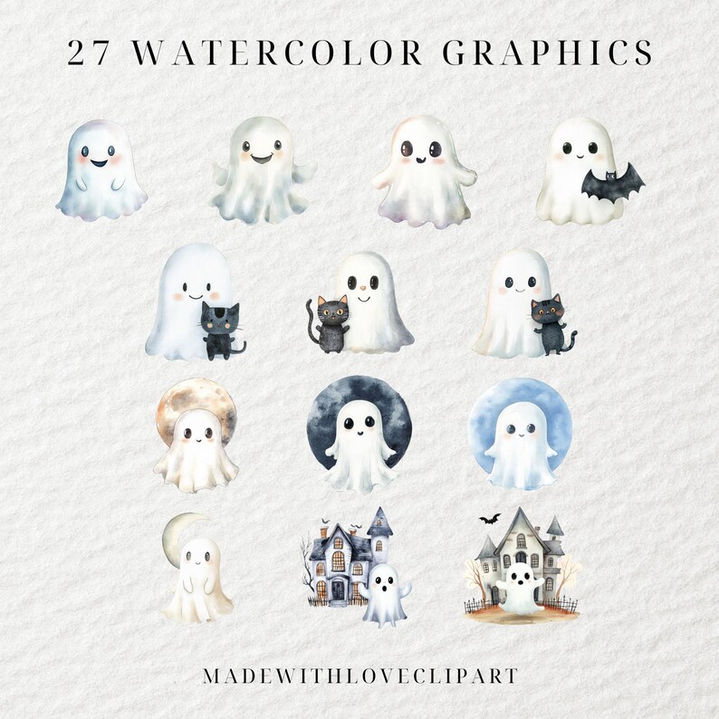 Watercolor Cute Ghost Clipart, Halloween Clipart, Spooky Clipart, Kids ...