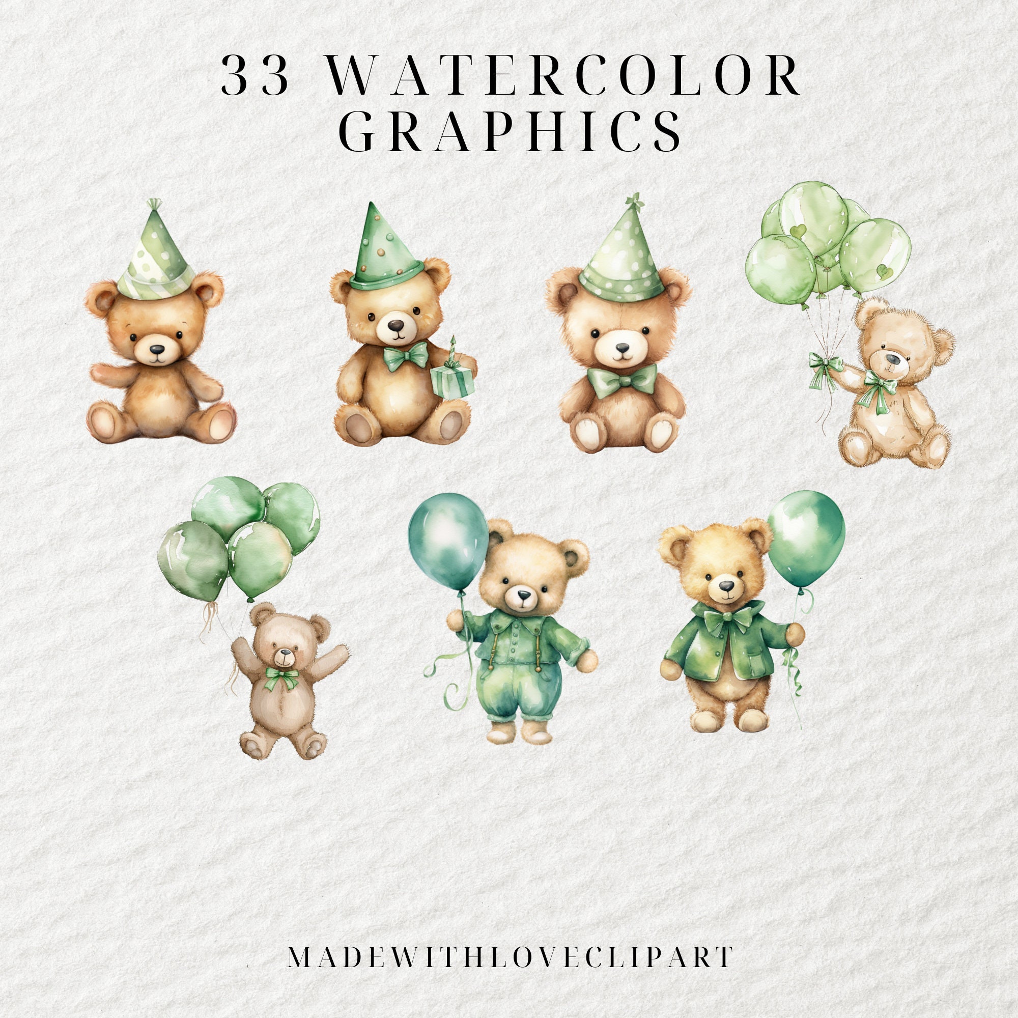 Watercolor Cute Green Teddy Bear Clipart Bundle, Baby Shower Clipart ...