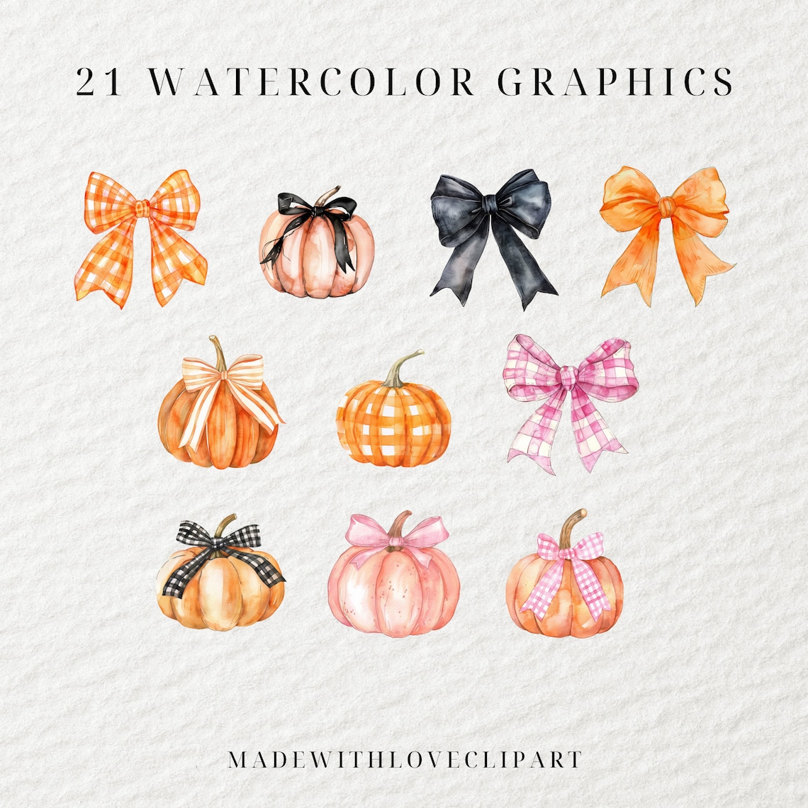 Watercolor Pumpkin Bows Clipart, Pumpkin Coquette Bow, Gingham Pumpkin ...