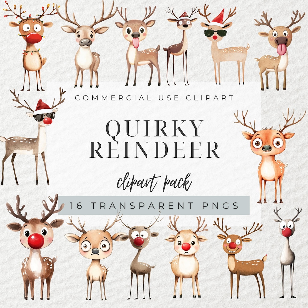 Watercolor Quirky Reindeer Clipart, Funny Reindeer, Quirky Christmas ...
