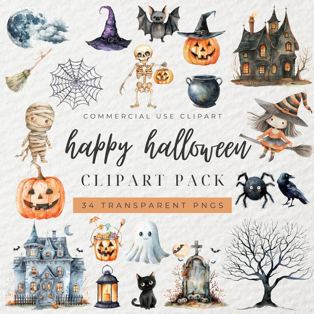 Watercolor Halloween Clipart, Spooky Clipart, Cute Halloween Clipart ...