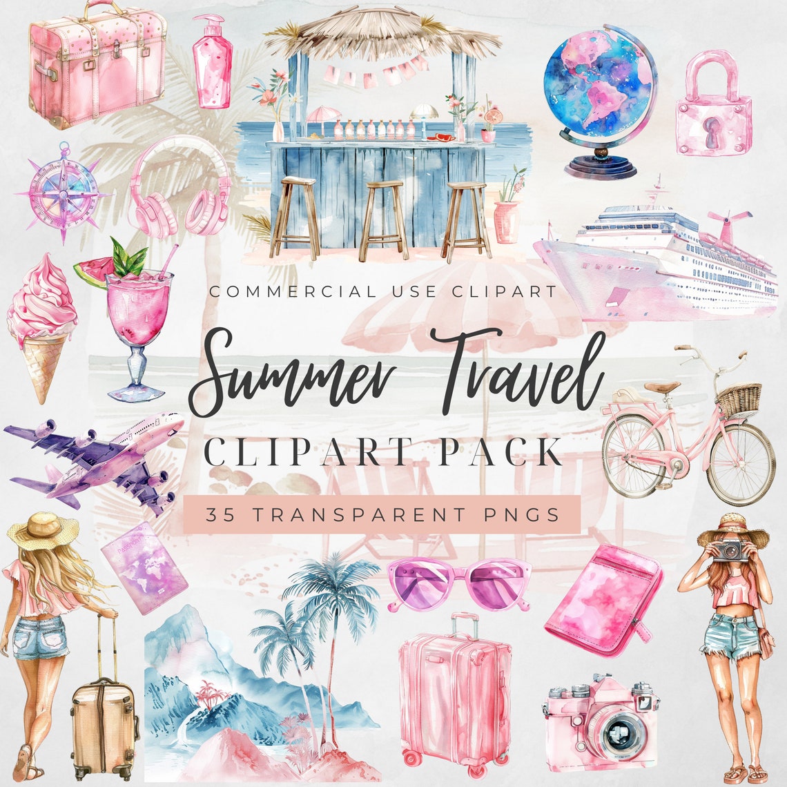 Watercolor Summer Travel Clipart, Holiday Clipart, Travel Clipart ...