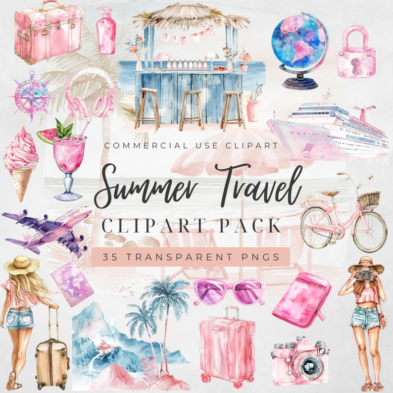 Watercolor Summer Travel Clipart, Holiday Clipart, Travel Clipart ...