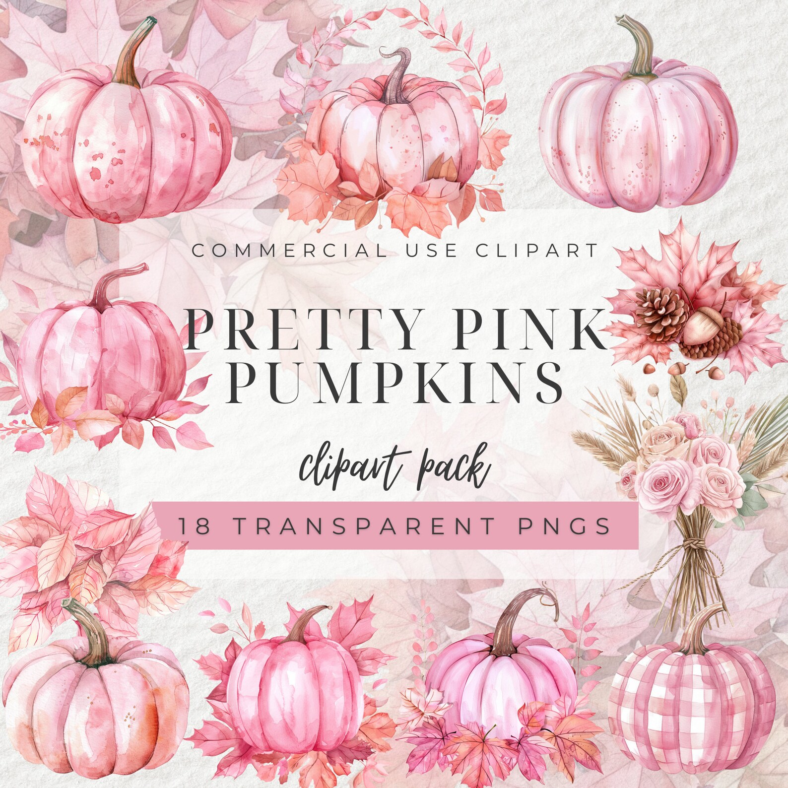 Watercolor Pink Pumpkin Clipart, Pink Gingham Pumpkins, Autumn Clipart ...