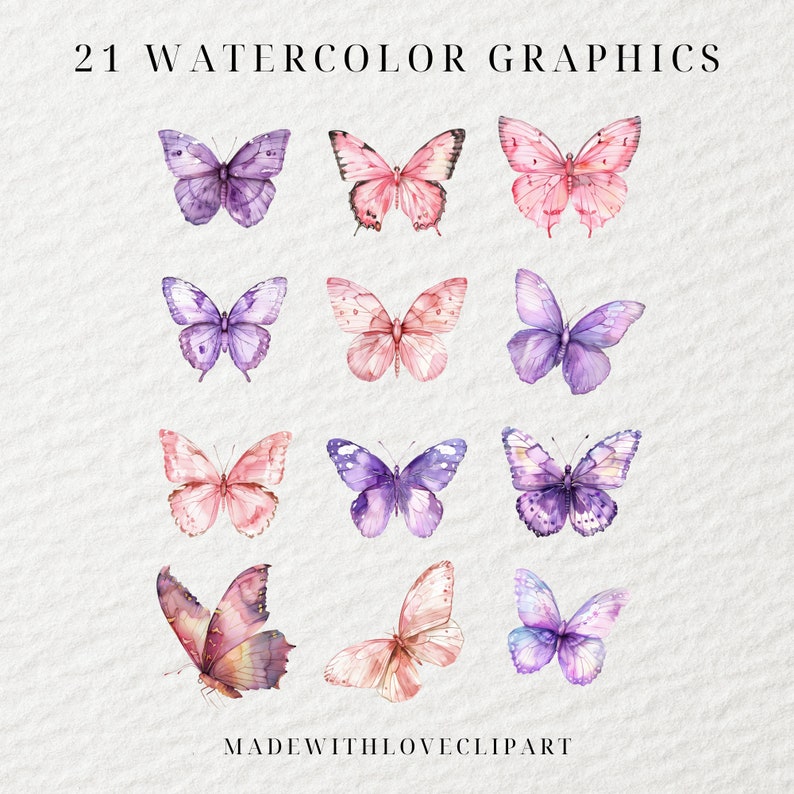 Watercolor Pink and Purple Butterflies Clipart, Butterfly Clipart, Pink ...