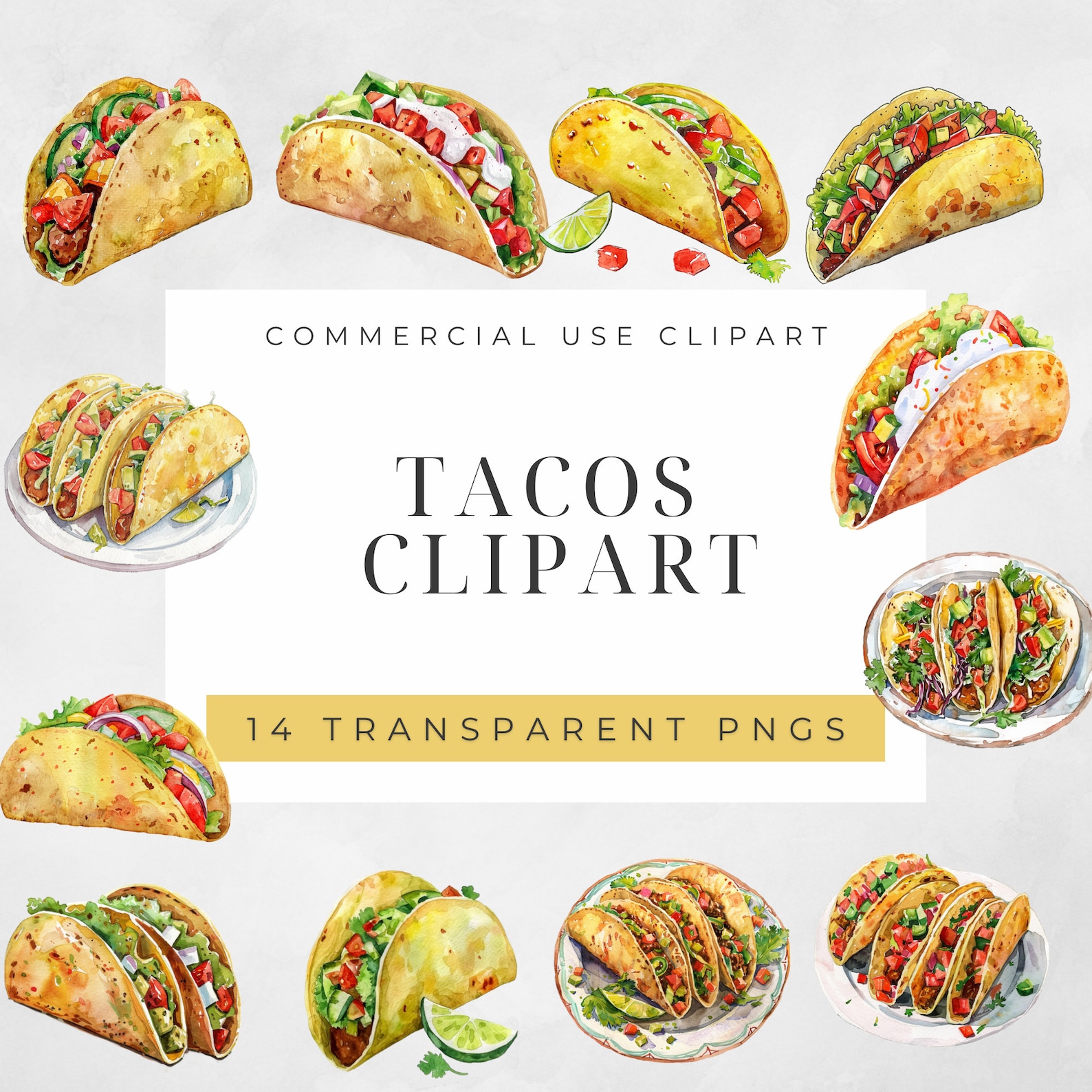Watercolor Taco Bundle Clipart, Mexican Food Clipart, Mexican Clipart ...