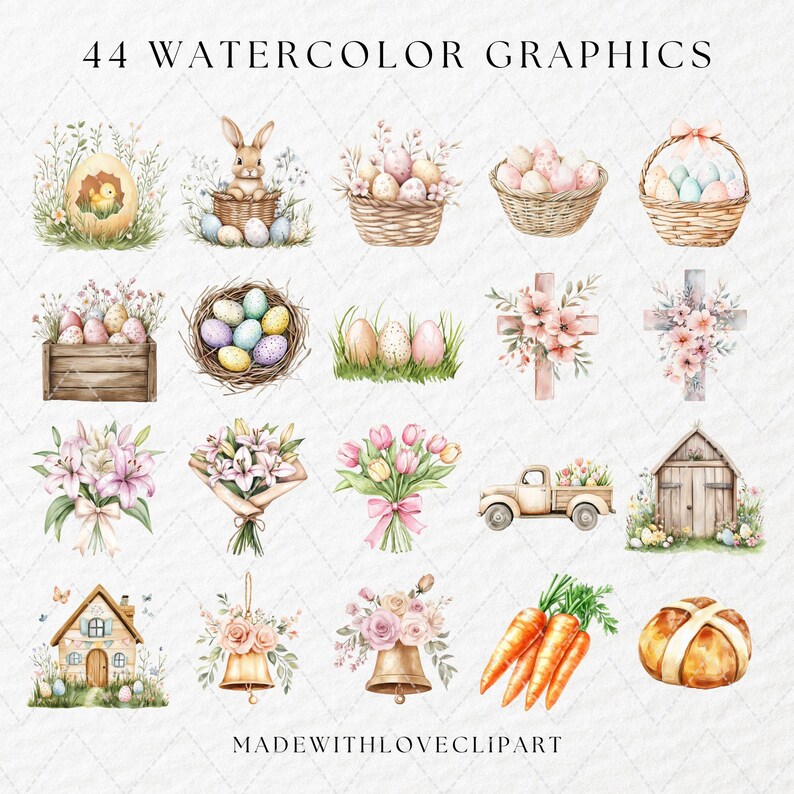 Watercolor Easter Clipart, Easter Bunny Clipart, Easter Eggs, Spring ...