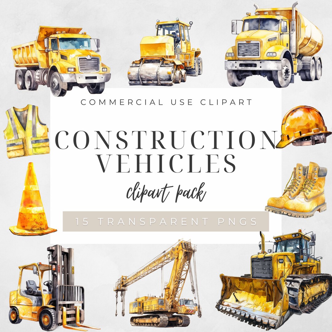 Watercolor Construction Trucks Clipart Bundle, Construction Clipart ...