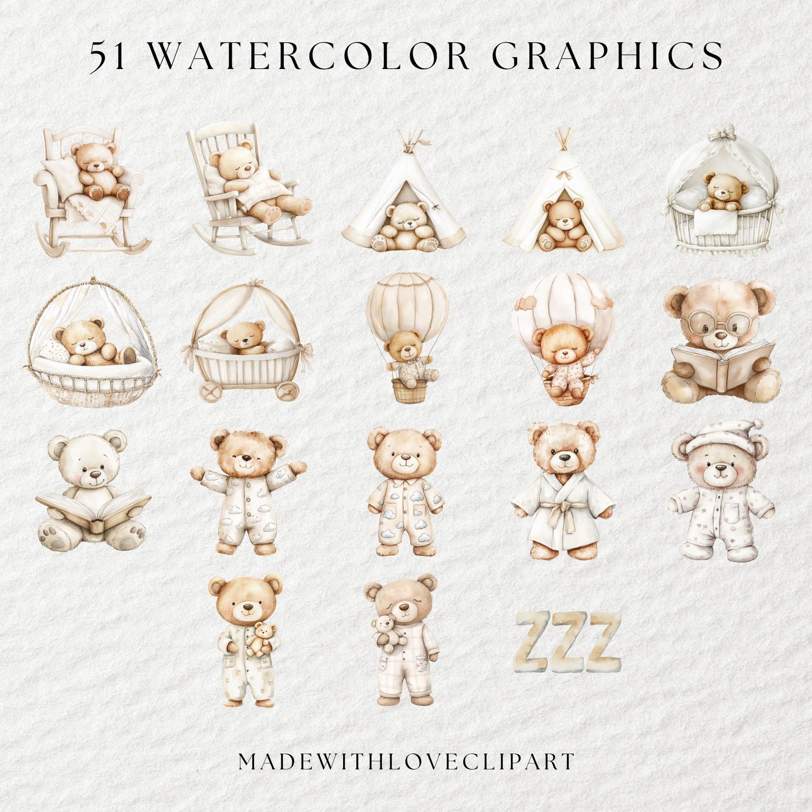 Watercolor Sleeping Teddy Bears Clipart, Sleepy Bears, Neutral Baby ...