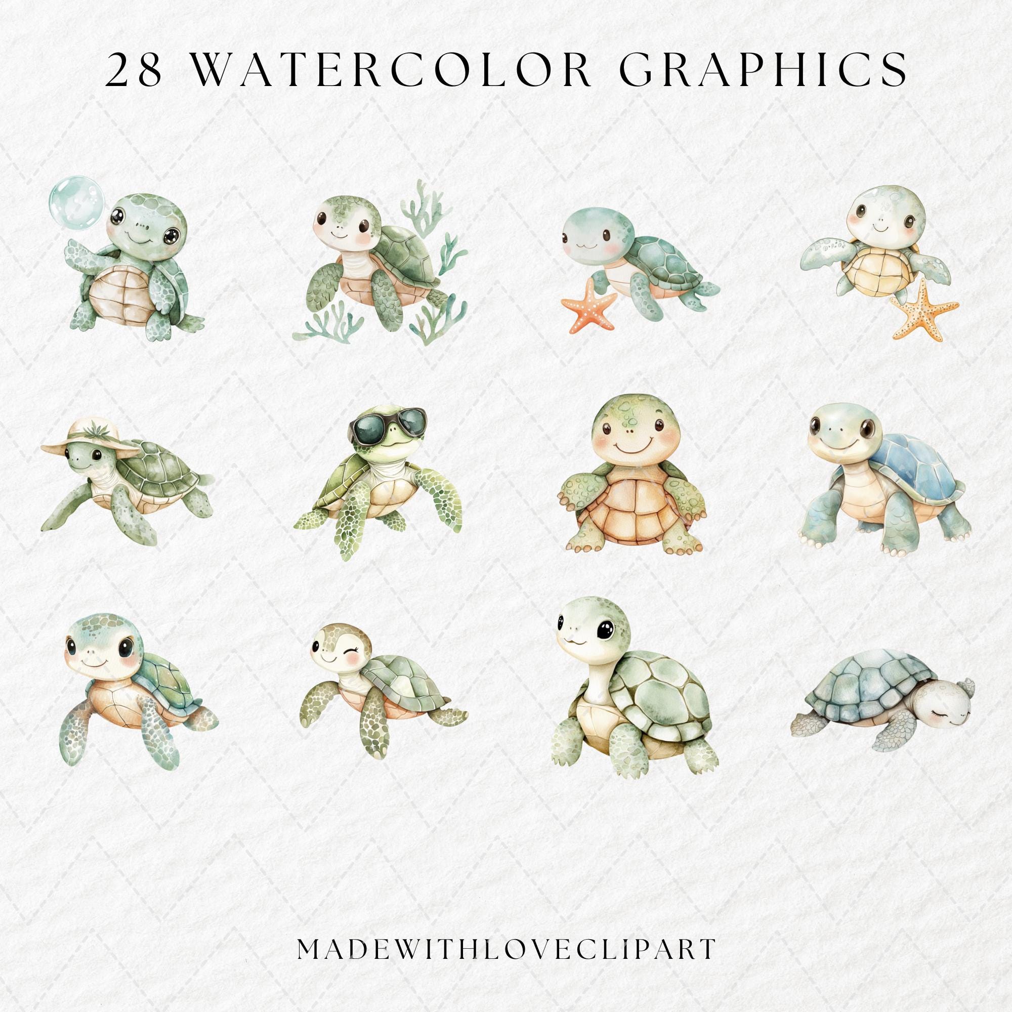 Watercolor Cute Turtle Clipart, Baby Turtles Clipart, Ocean Animals ...