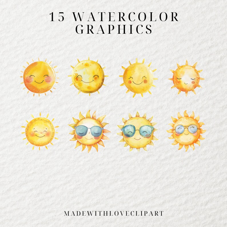 Watercolor Happy Sun Clipart, Summer Sun Clipart, Sun and Cloud Clipart ...