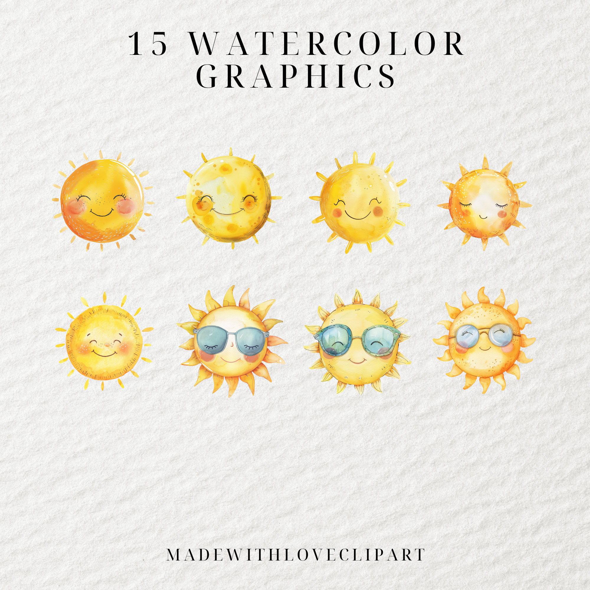 Watercolor Happy Sun Clipart, Summer Sun Clipart, Sun and Cloud Clipart ...